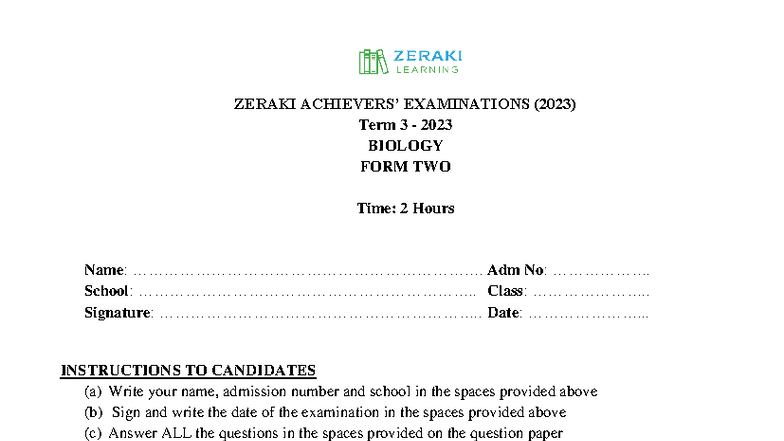 Biology Form 2 Term 3 Exam Questions (2023) - Studocu
