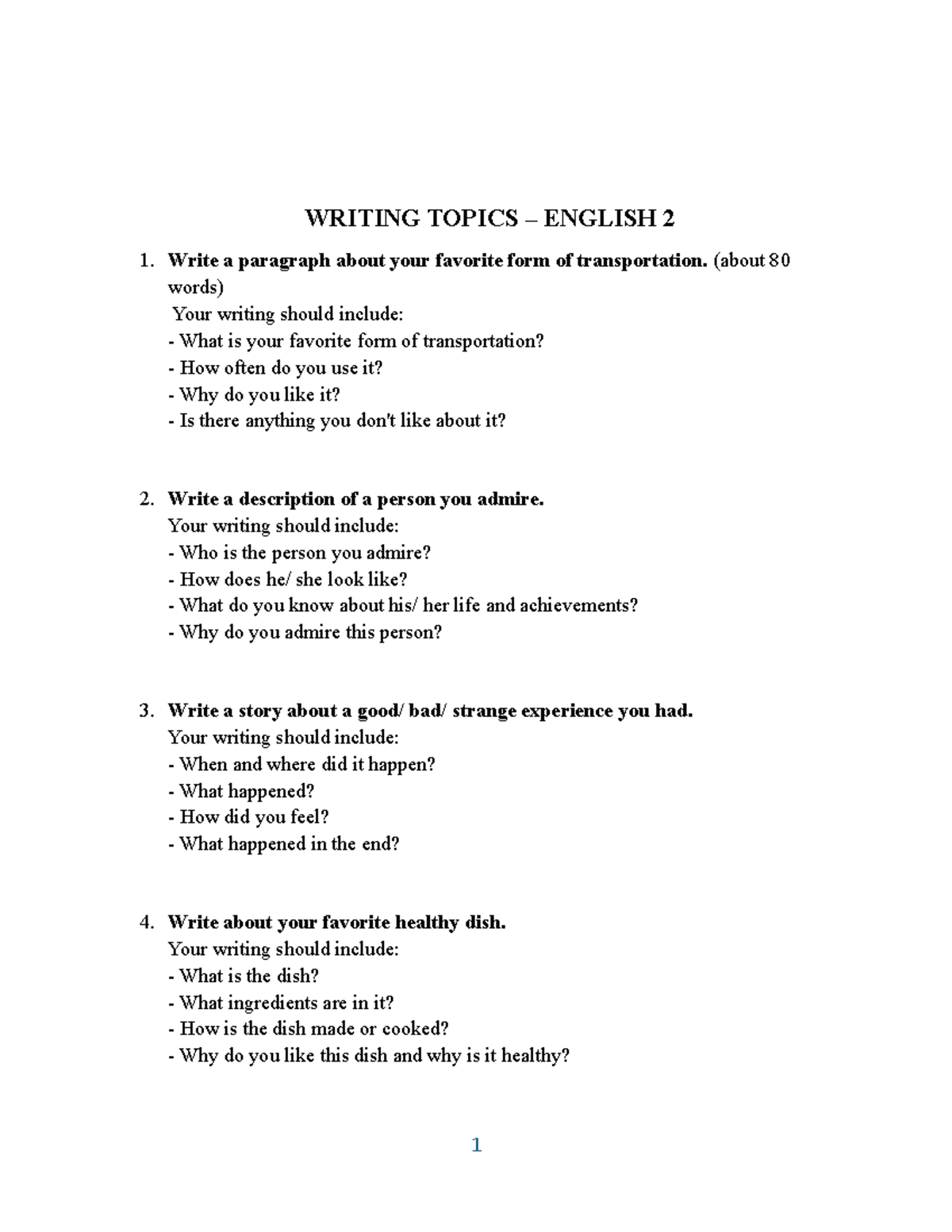 English 2 Writing Topics: Paragraph & Description Prompts - Studocu
