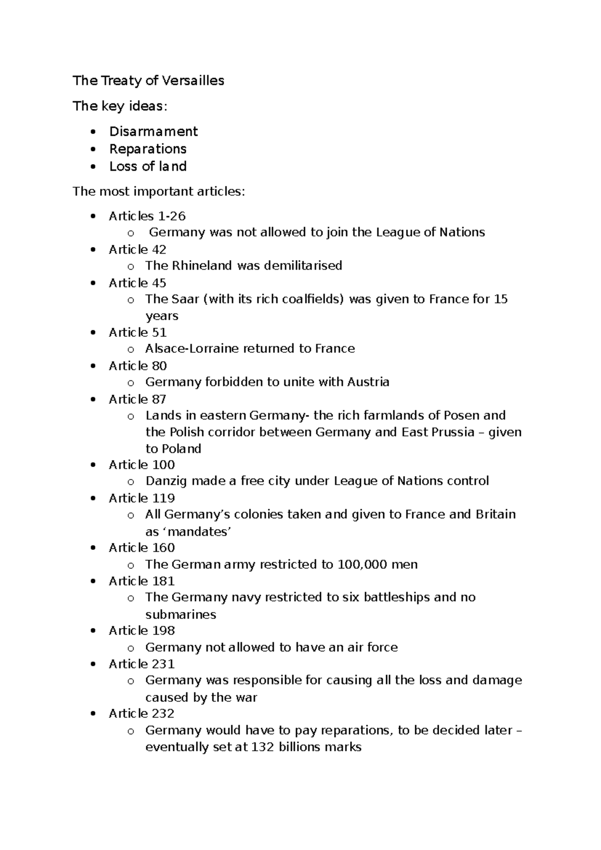 Treaty of Versailles Key Terms and Articles Analysis - Studocu