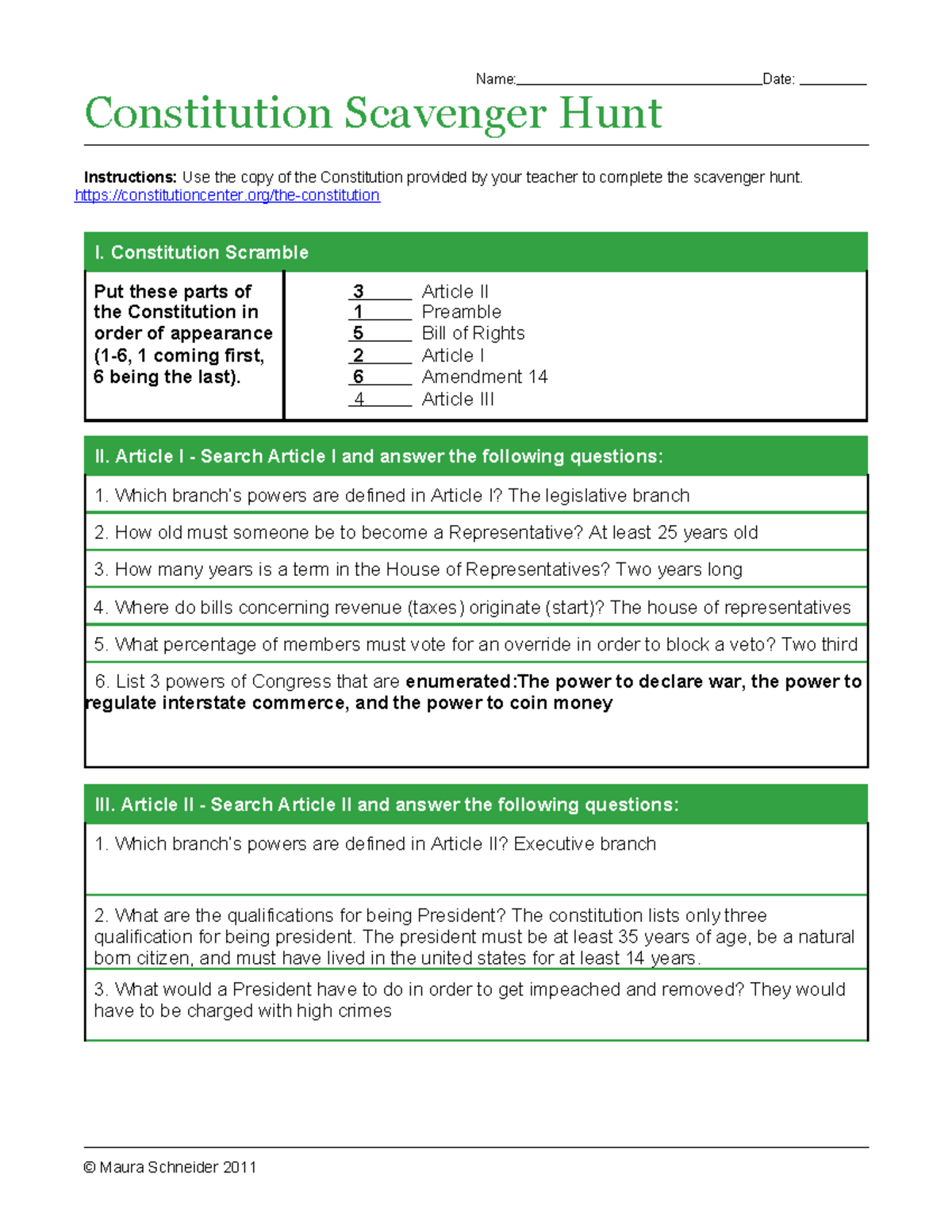 USConstitution Ascavengerhunt Ali - Name: Date: Constitution Scavenger ...