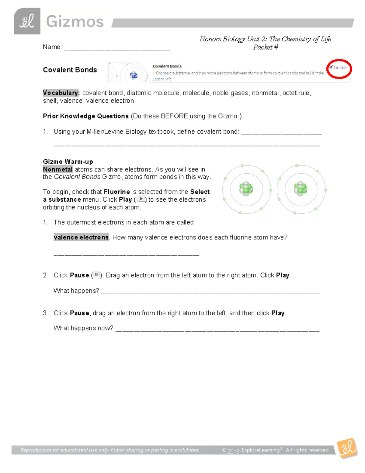 Covalent Bonds Vocabulary & Activities - Honors Biology Unit 2 - Studocu