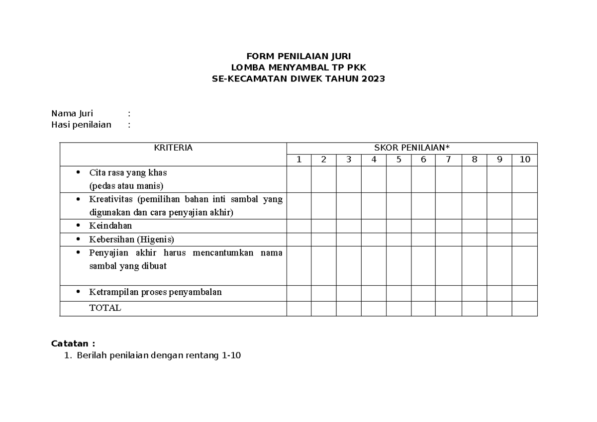 FORM Penilaian Juri Lomba Menyambal TP PKK Diwek 2023 - Studocu