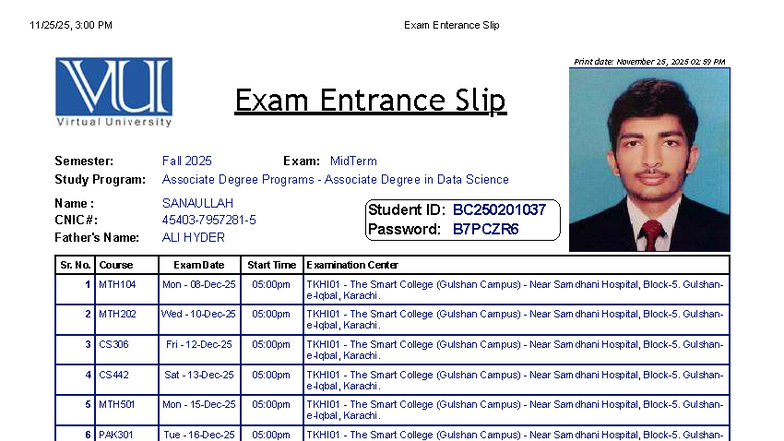 MidTerm Exam Entrance Slip for AD in Data Science (Fall 2025) - Studocu
