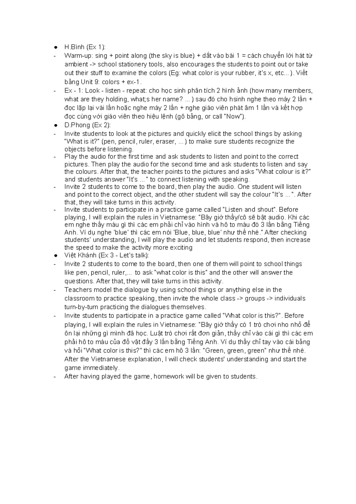 Group 9 - Lesson Plan for Unit 9: Colors Activities - Studocu