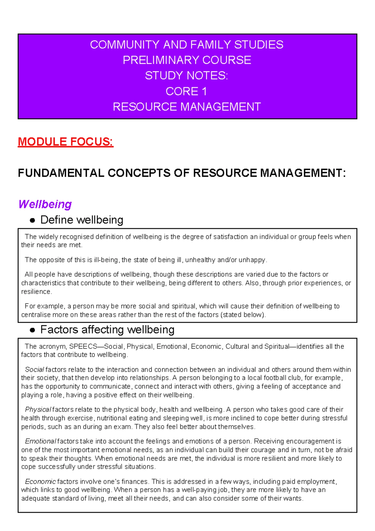 CAFS study notes - year 11 - Part I: Resource Management Wellbeing ...