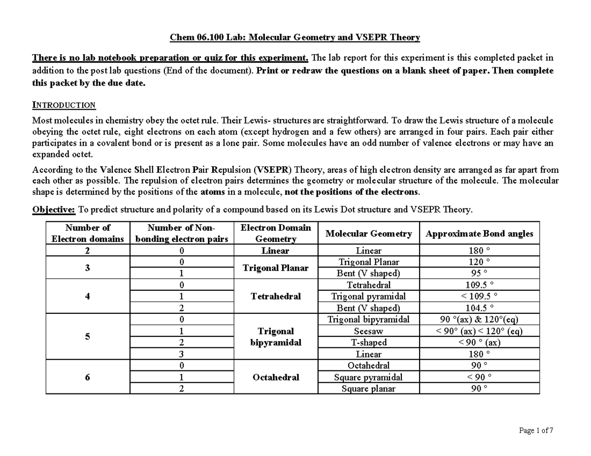 Molecular Geometry & VSEPR Theory Overview - Chem 9 2022 - Studocu