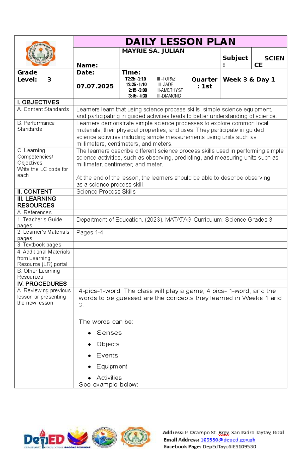 Lesson Plan: Science Q1W3D1 - Observing Science Process Skills - Studocu
