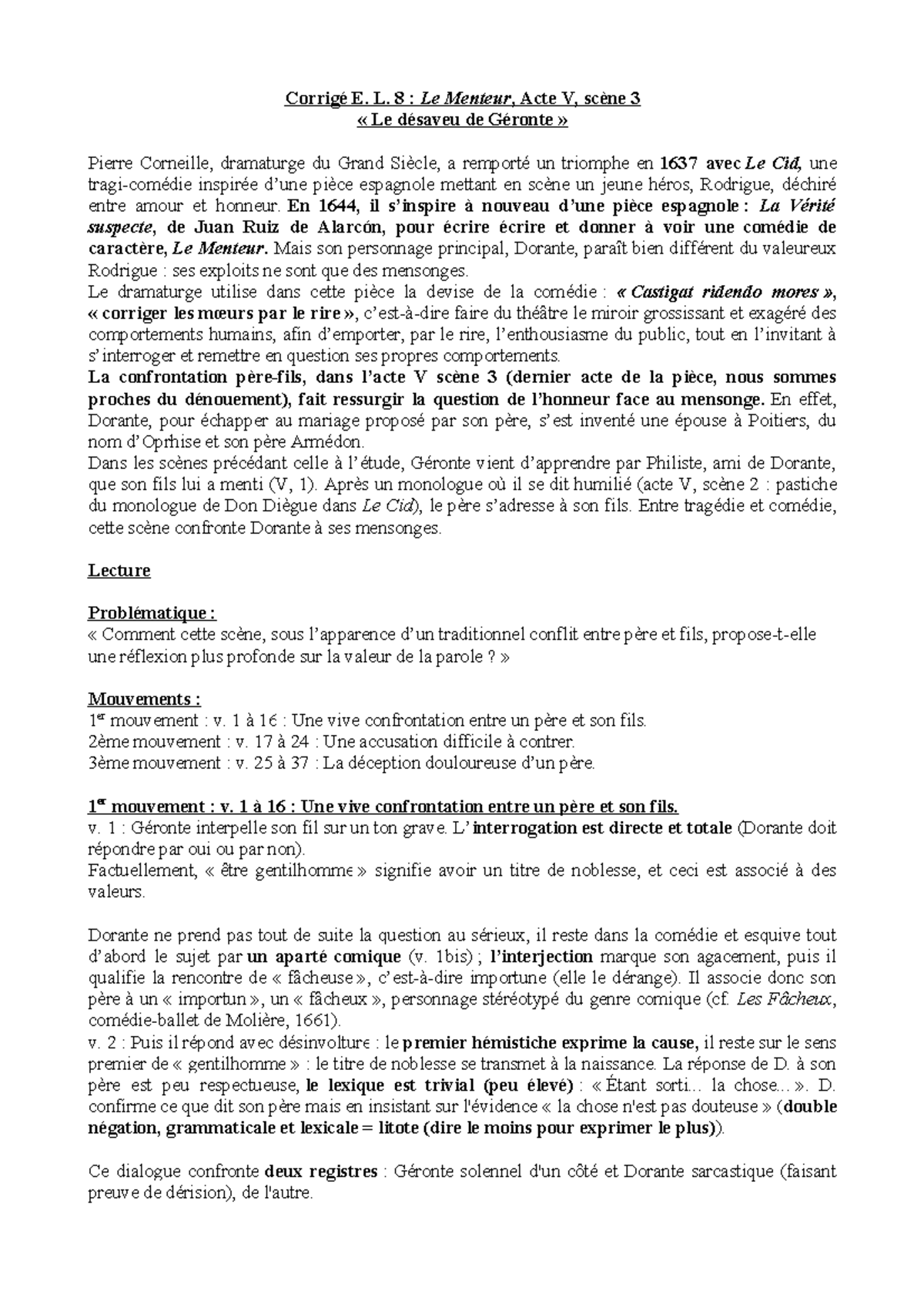 E.L. 8 : Analyse de Le Menteur, Acte V, Scène 3 - Confrontation Géronte ...