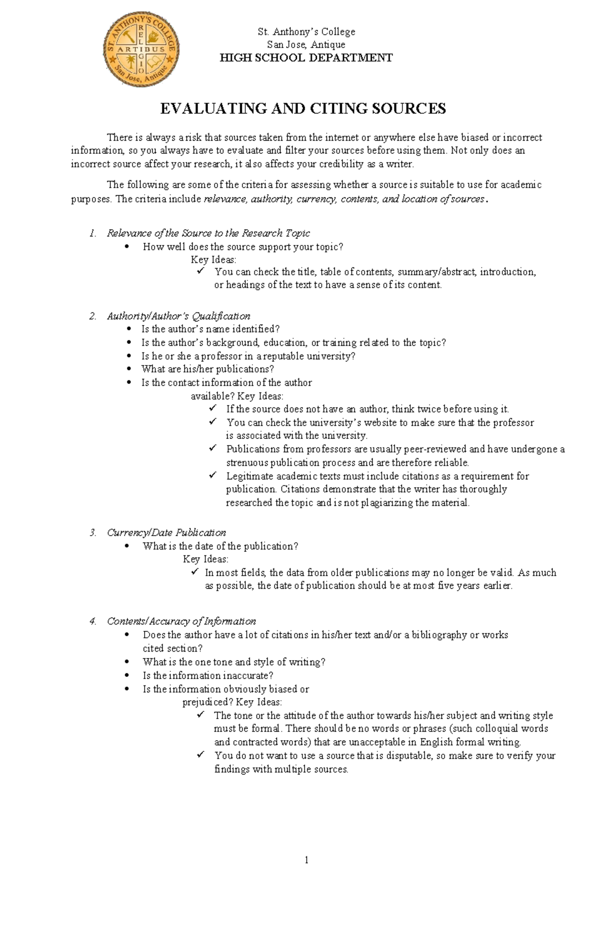 Additional Notes on Evaluating and Citing Sources for Research - Studocu