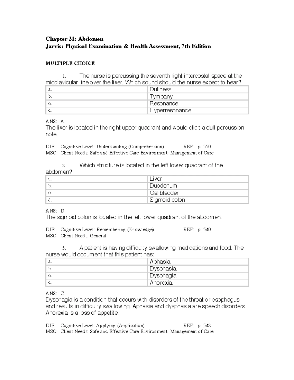 Abdomen Health Assessment Practice Questions (NUR 211) - Studocu
