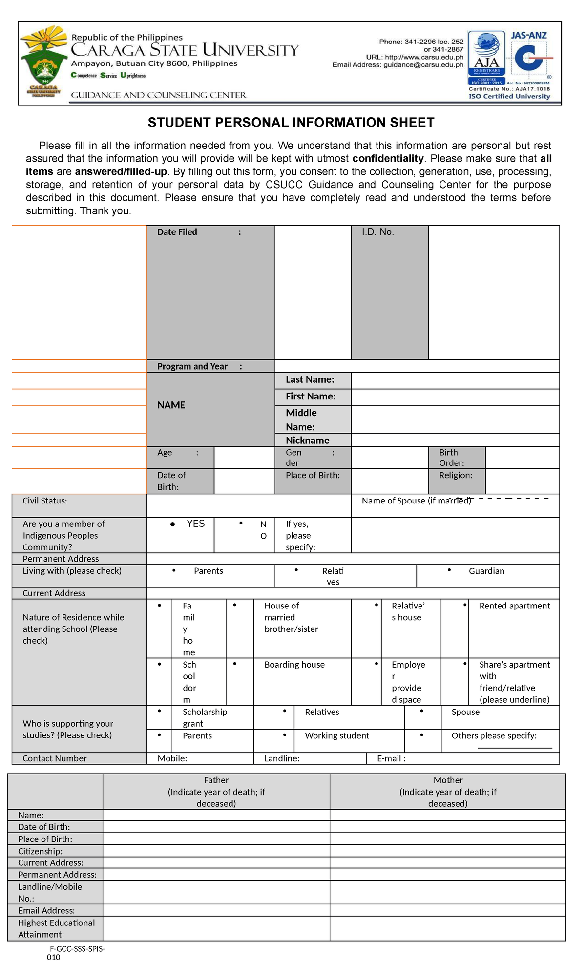 Student Personal Information Sheet - STUDENT PERSONAL INFORMATION SHEET ...