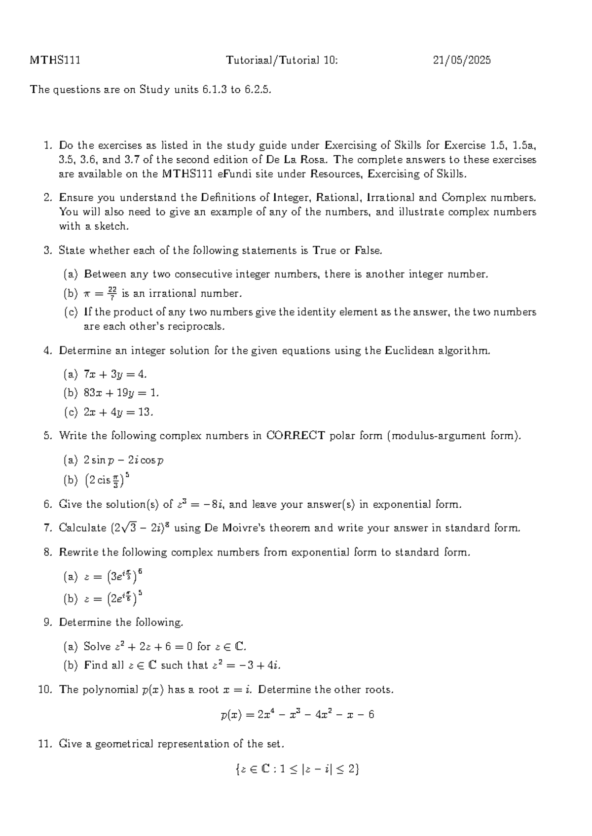 MTHS111 Tutorial 10: Exercises on Complex Numbers and Integers - Studocu