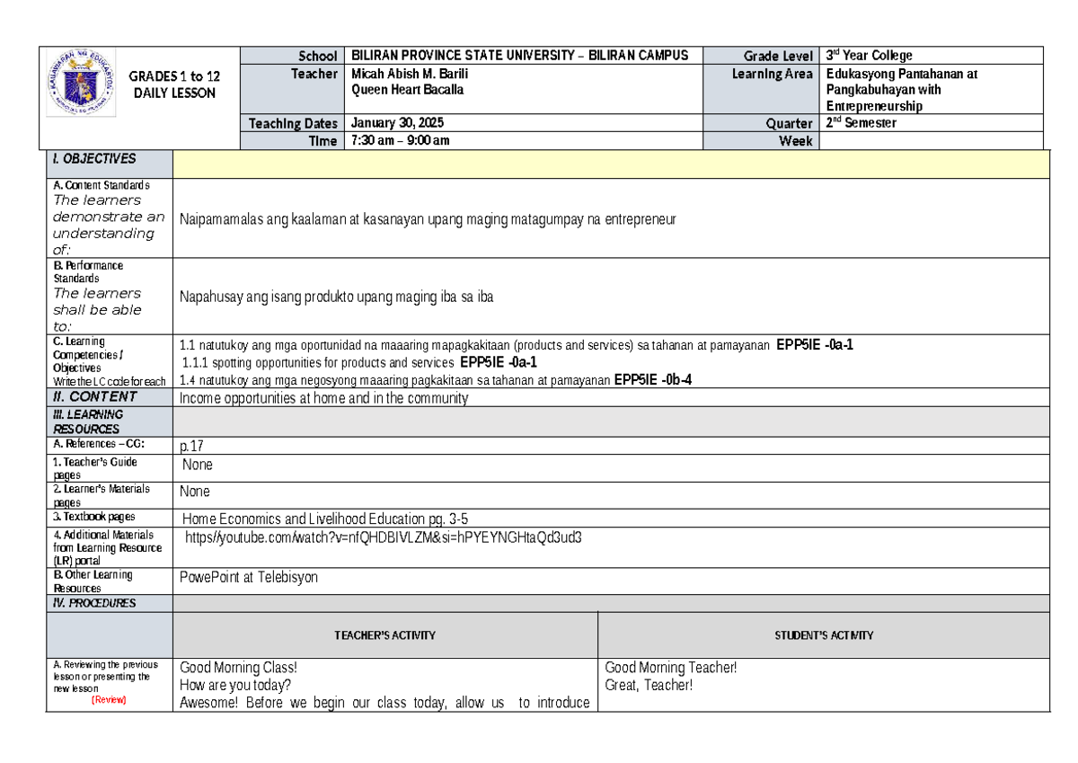 DLP-in-EPP - If you need a detailed lesson plan try this one - School ...