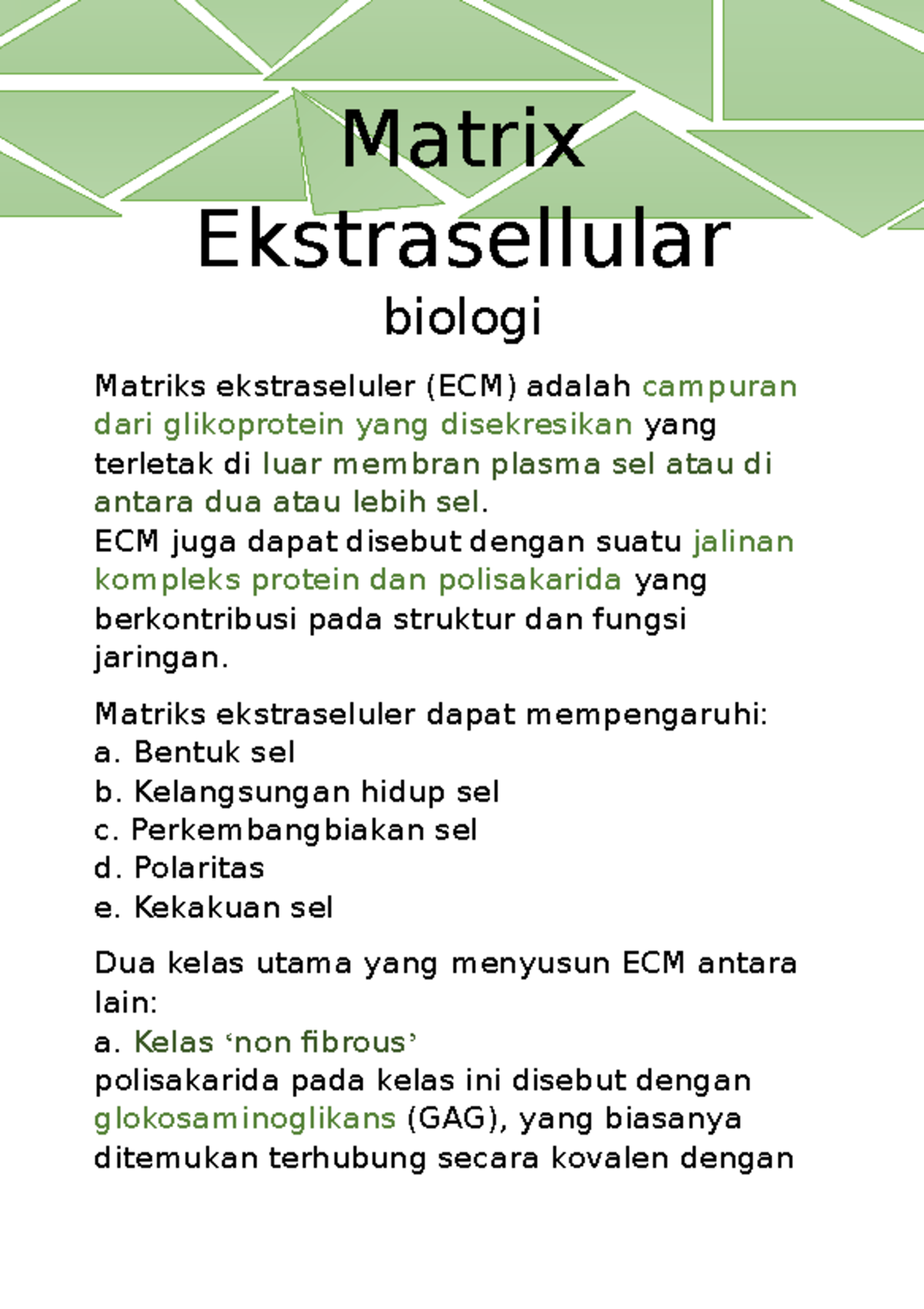 Matrix Ekstraseluler Biologi: Struktur dan Fungsi Sel - Studocu