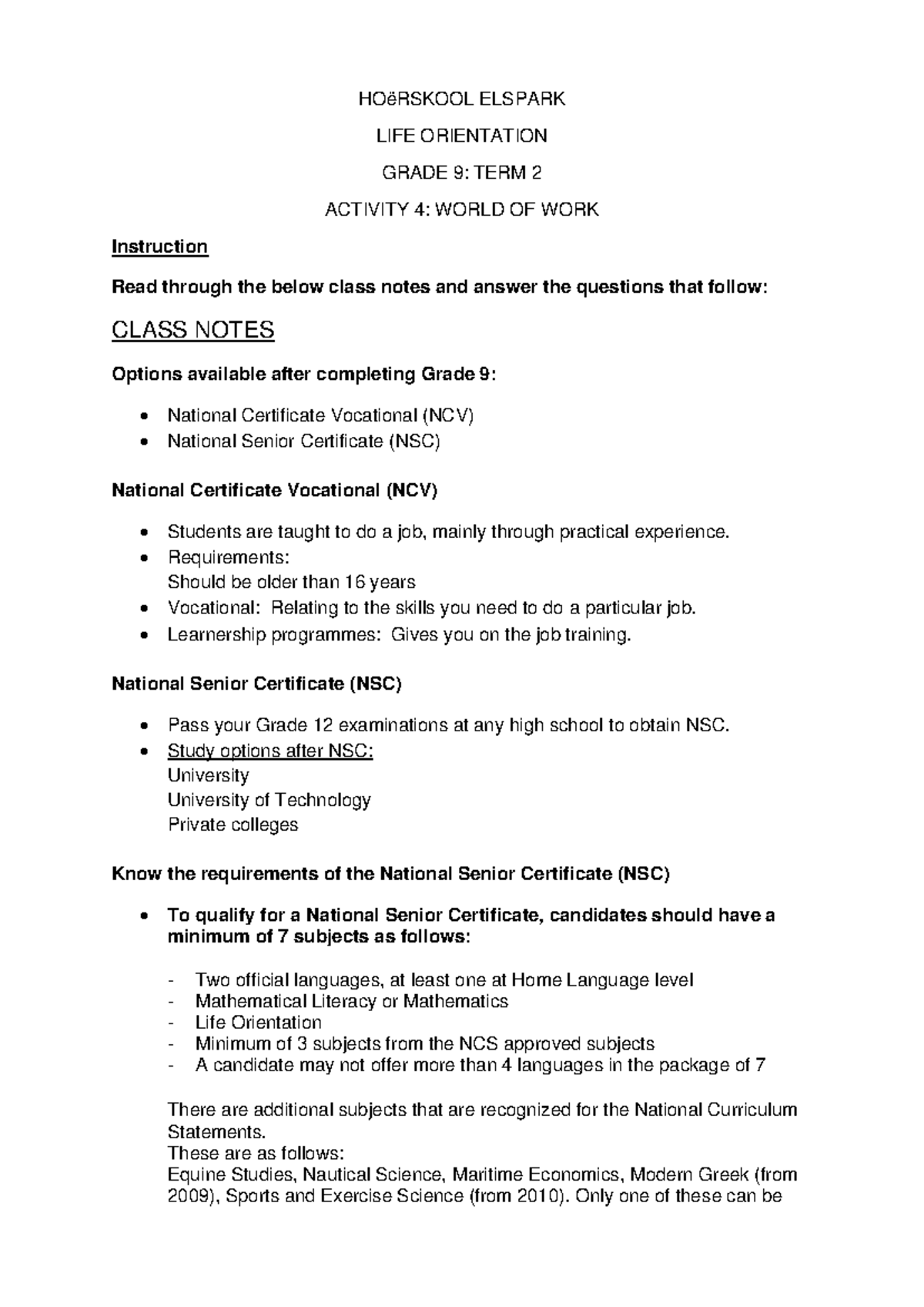Grade 9 LO Activity 4: Pathways After Completing Grade 9 (May 2020) - Studocu