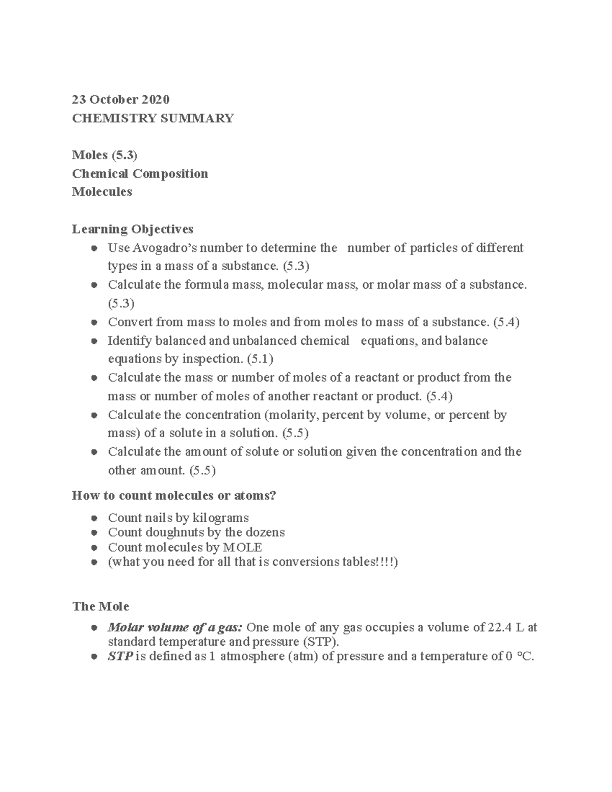 CHEM Summary 10 23 - 23 October 2020 CHEMISTRY SUMMARY Moles (5 ...