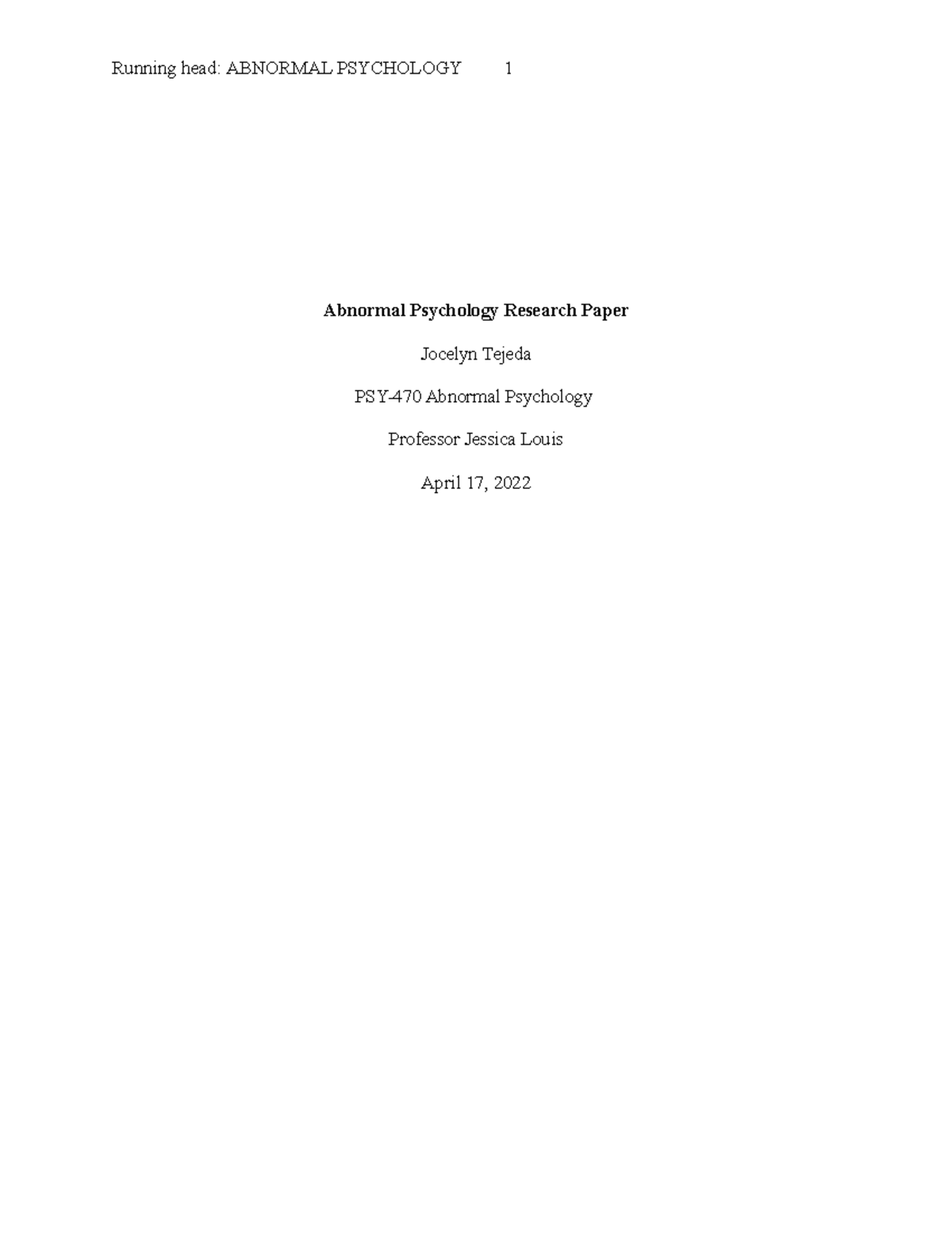 PSY-470 Final Research Paper Outline on Abnormal Psychology - Studocu