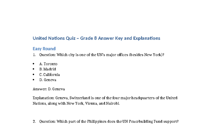 Grade 8 UN Quiz Answer Key & Explanations: Easy to Hard Rounds - Studocu