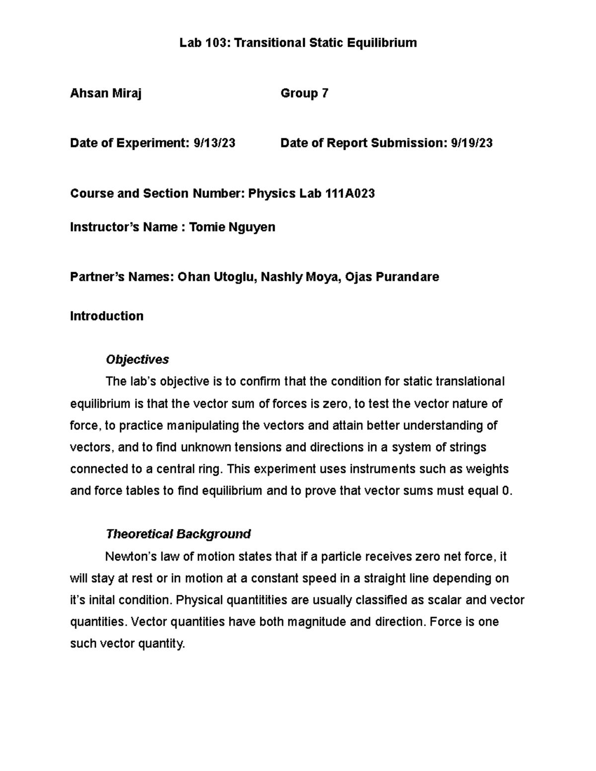 Physics Lab 111A - Lab Report on Transitional Static Equilibrium - Studocu
