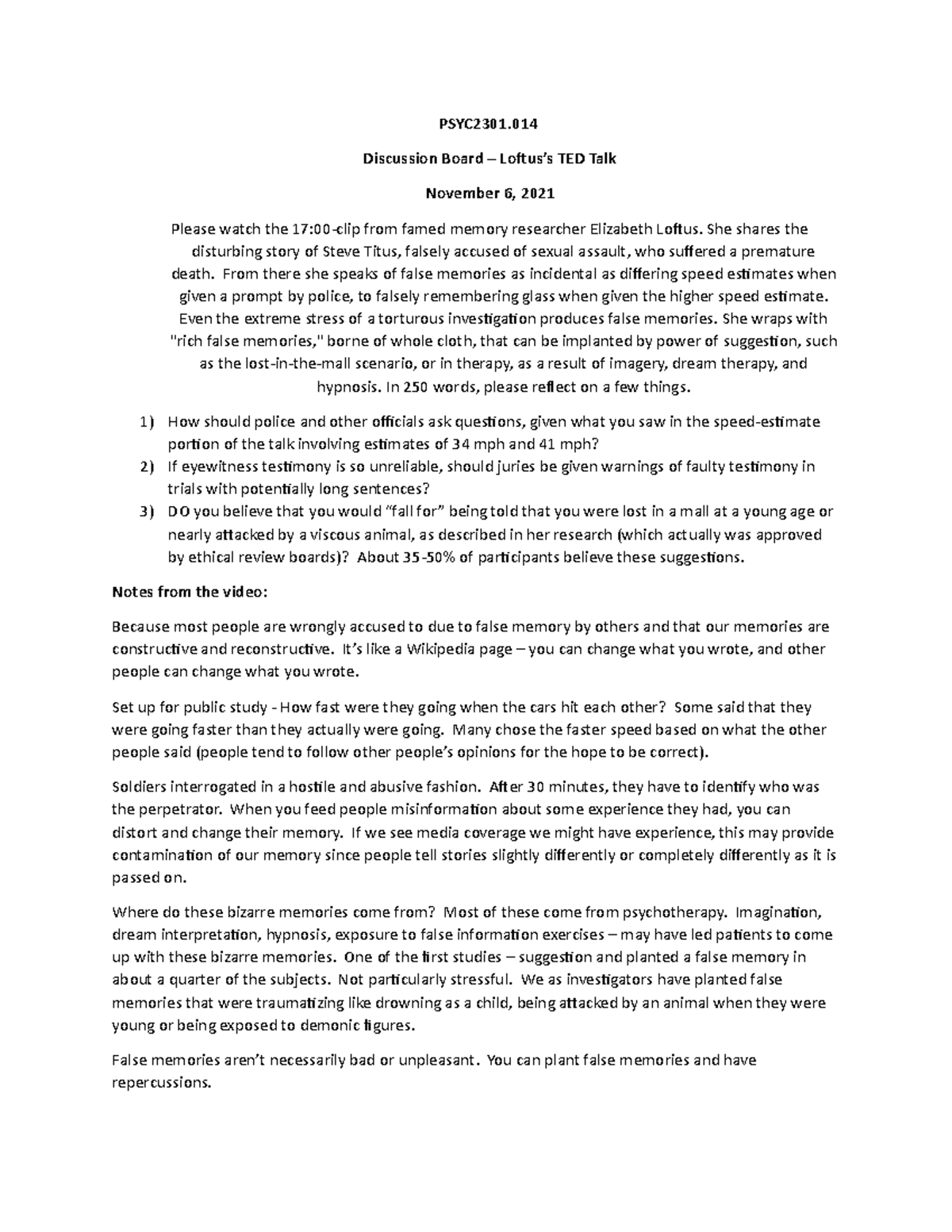 PSYC2301 Discussion Reflection on Loftus's TED Talk Insights - Studocu
