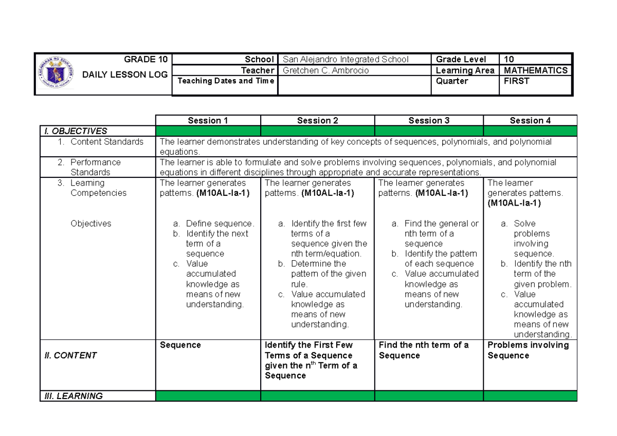 G10 DLL First- Quarter - GRADE 10 DAILY LESSON LOG School San Alejandro Integrated School Grade ...