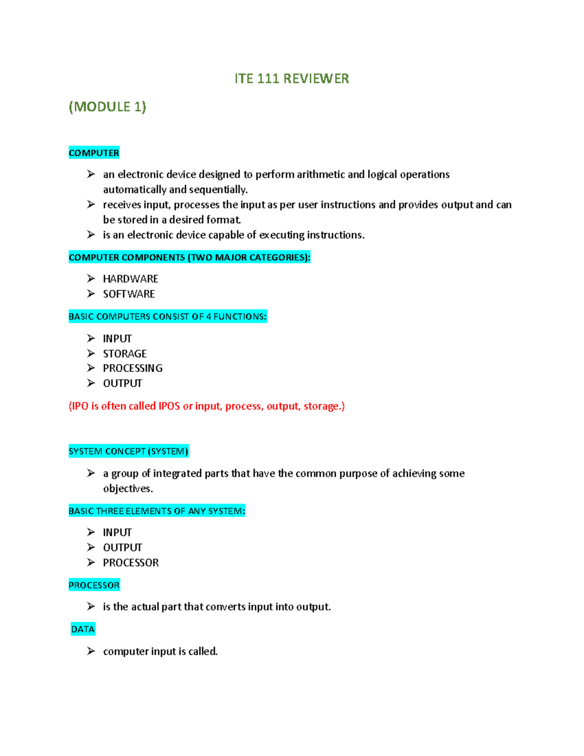 ITE-111- Reviewer - bweset - ITE REVIEWER (MODULE 1) COMPUTER an ...