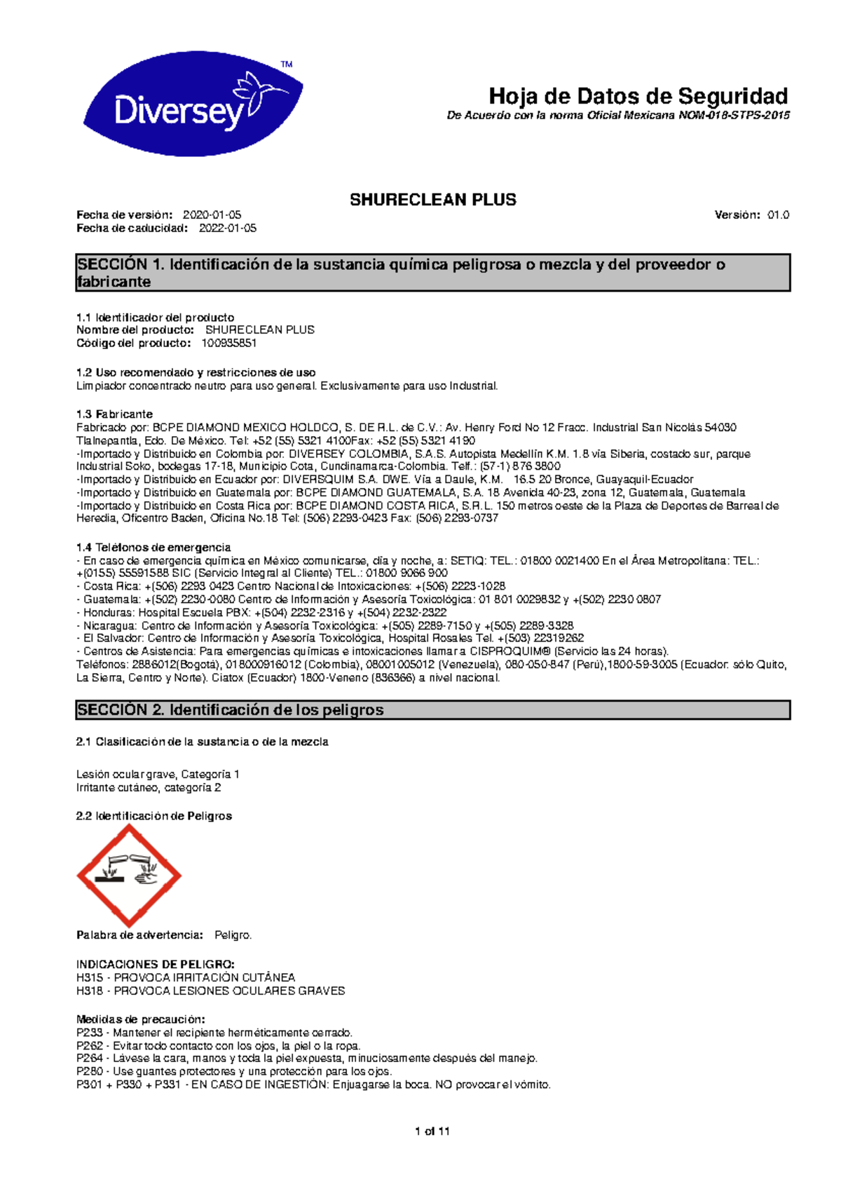 Hoja de Seguridad de SHURECLEAN PLUS - SDS NOM-018-STPS-2020 - Studocu