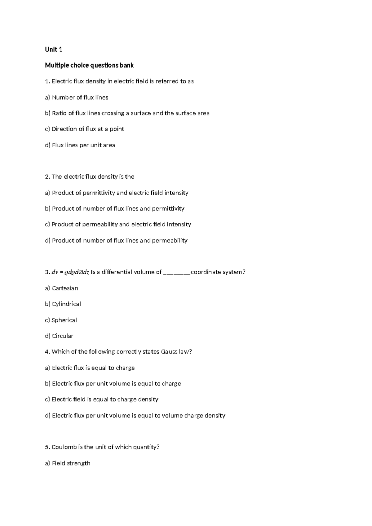 Sample MCQ Question Bank - Unit 1 - EMT: Electric Fields & Gauss's Law ...