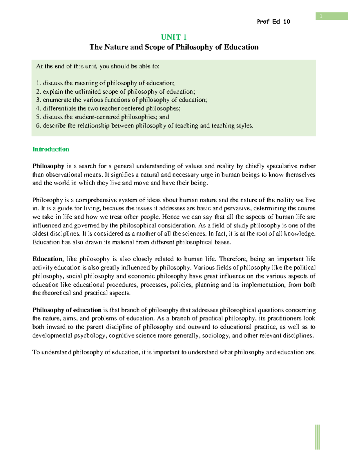 Prof-Ed-10: Unit 1 Philosophy of Education Overview and Key Concepts ...