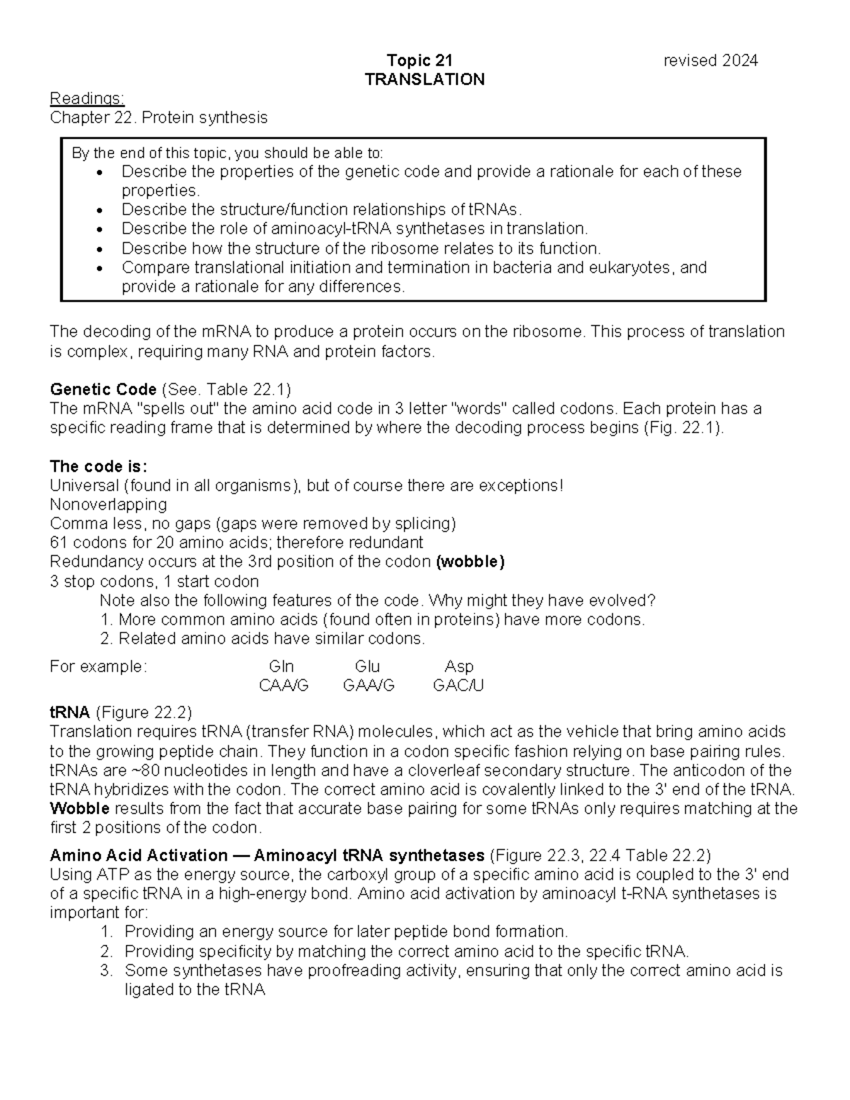 Protein Synthesis: Topic 21 Translation Lecture Notes 2024 - Studocu
