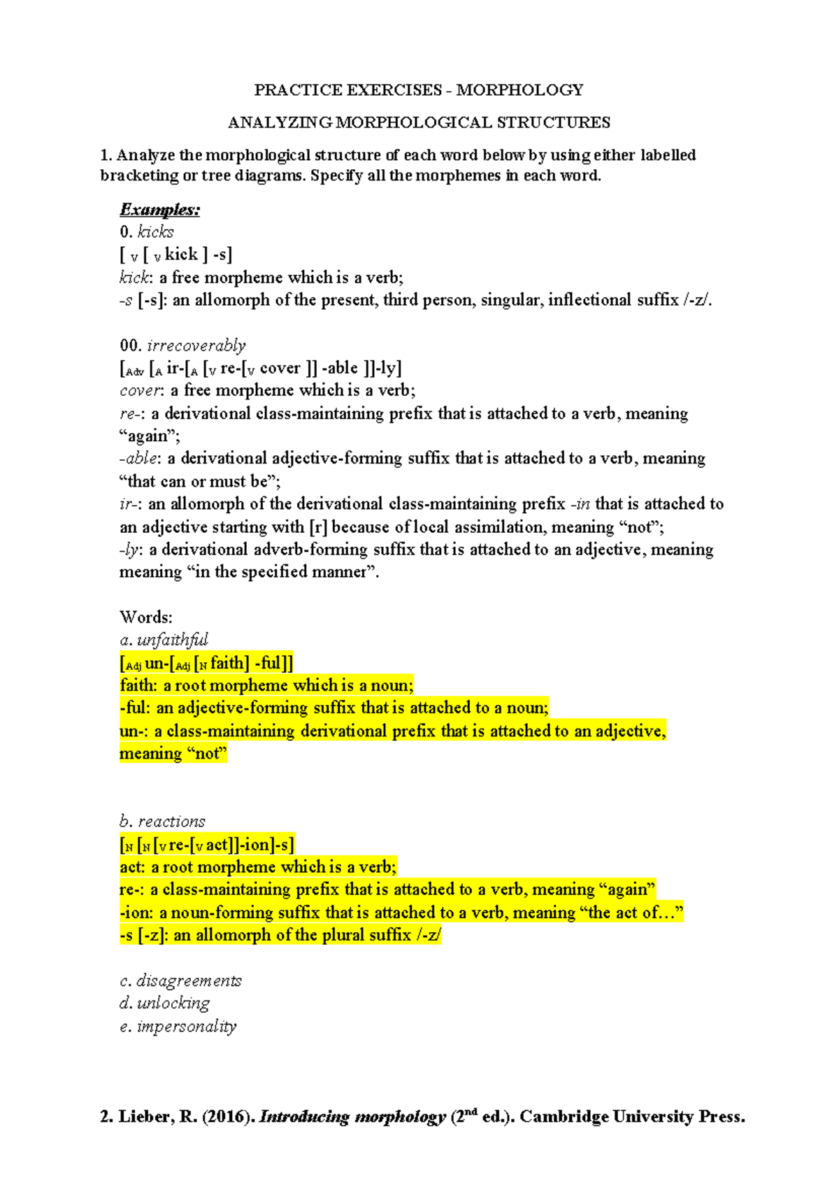 Morphology Practice Exercises: Analyzing Word Structures 1 - Studocu
