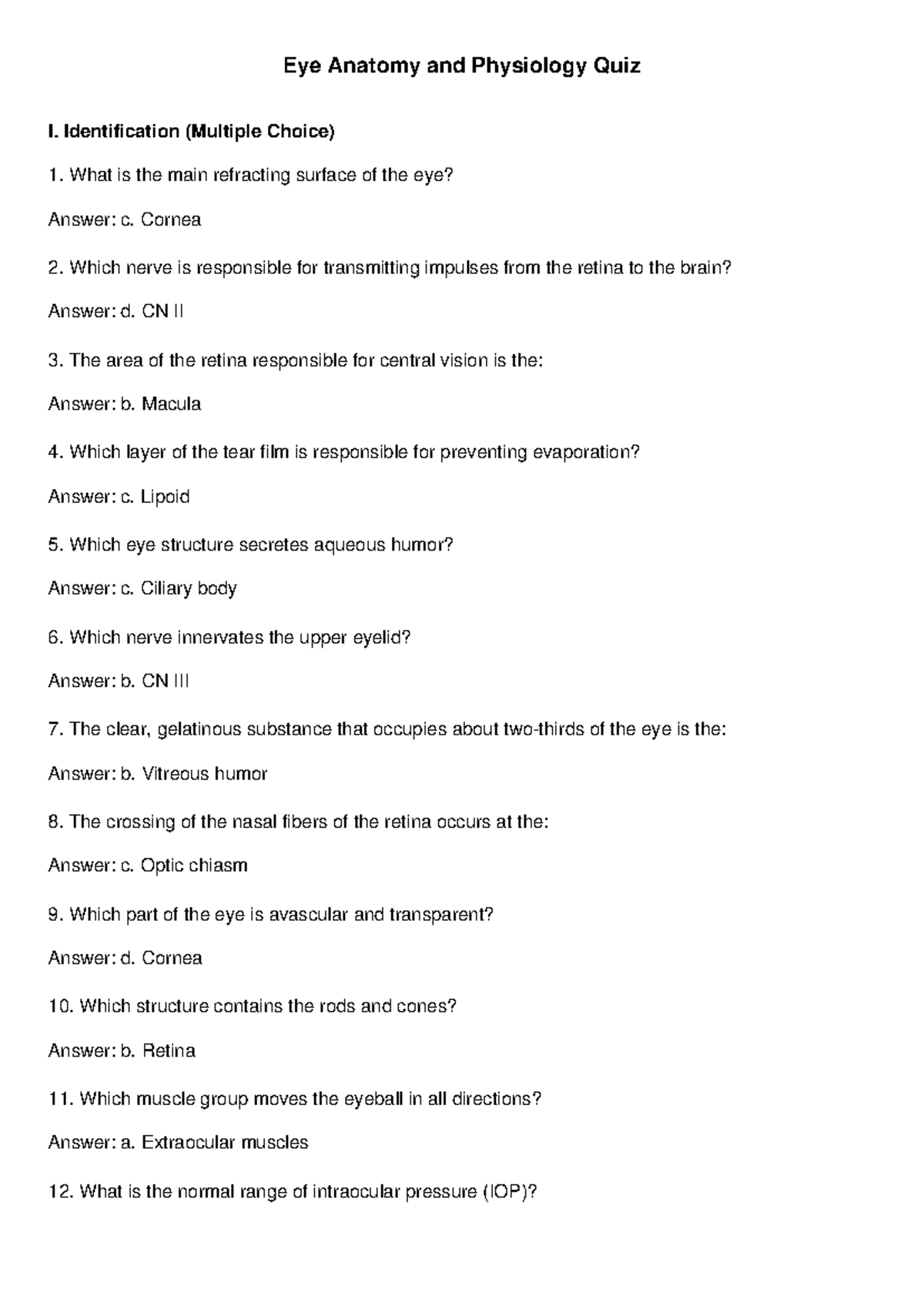 Eye Anatomy and Physiology Quiz I - Study Notes - Studocu