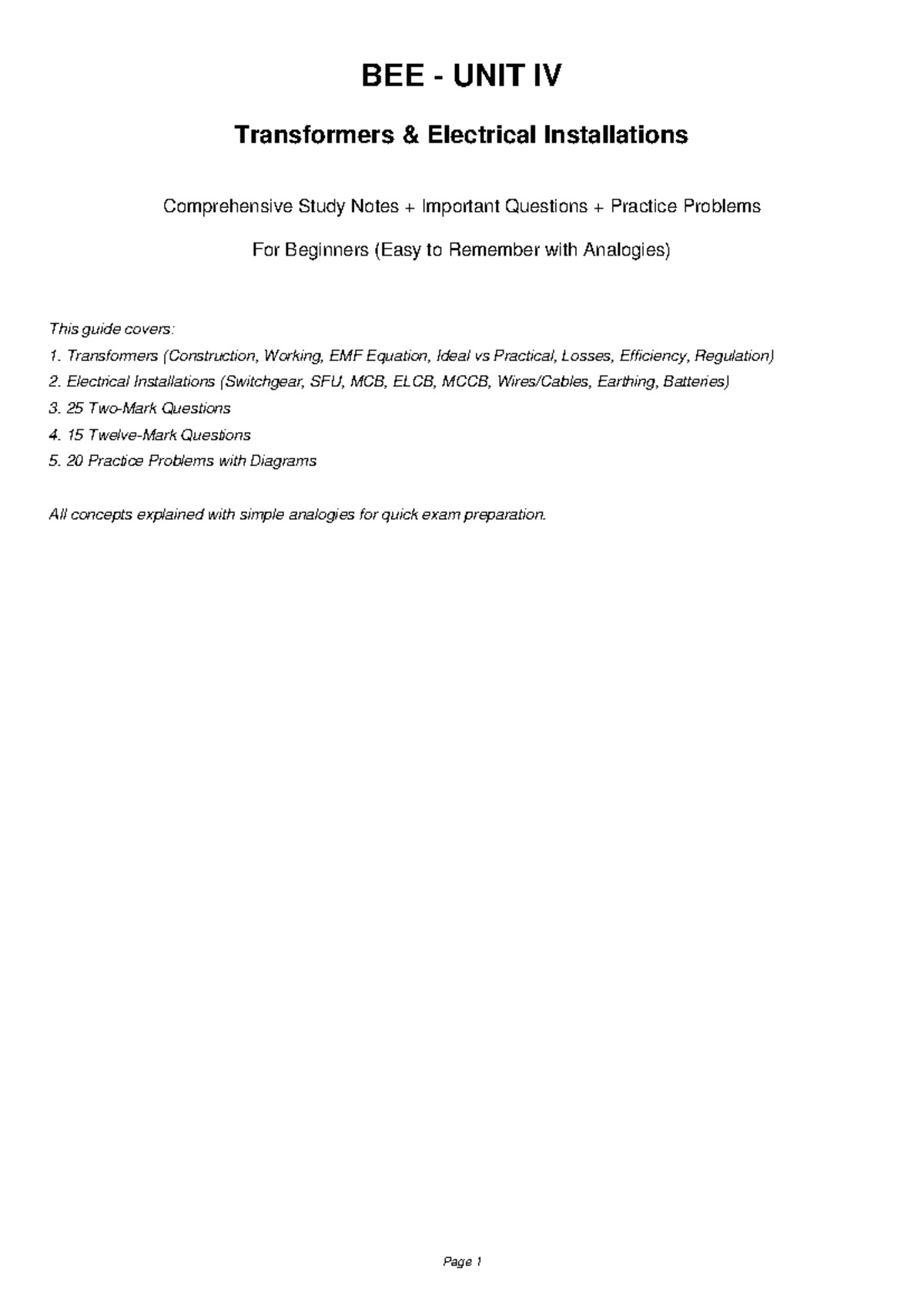 BEE Unit IV: Comprehensive Study Notes on Transformers & Electrical ...