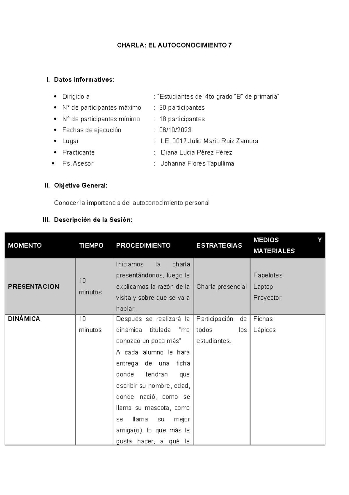Charla sobre Autoconocimiento para Estudiantes de 4to Grado "B" - Studocu