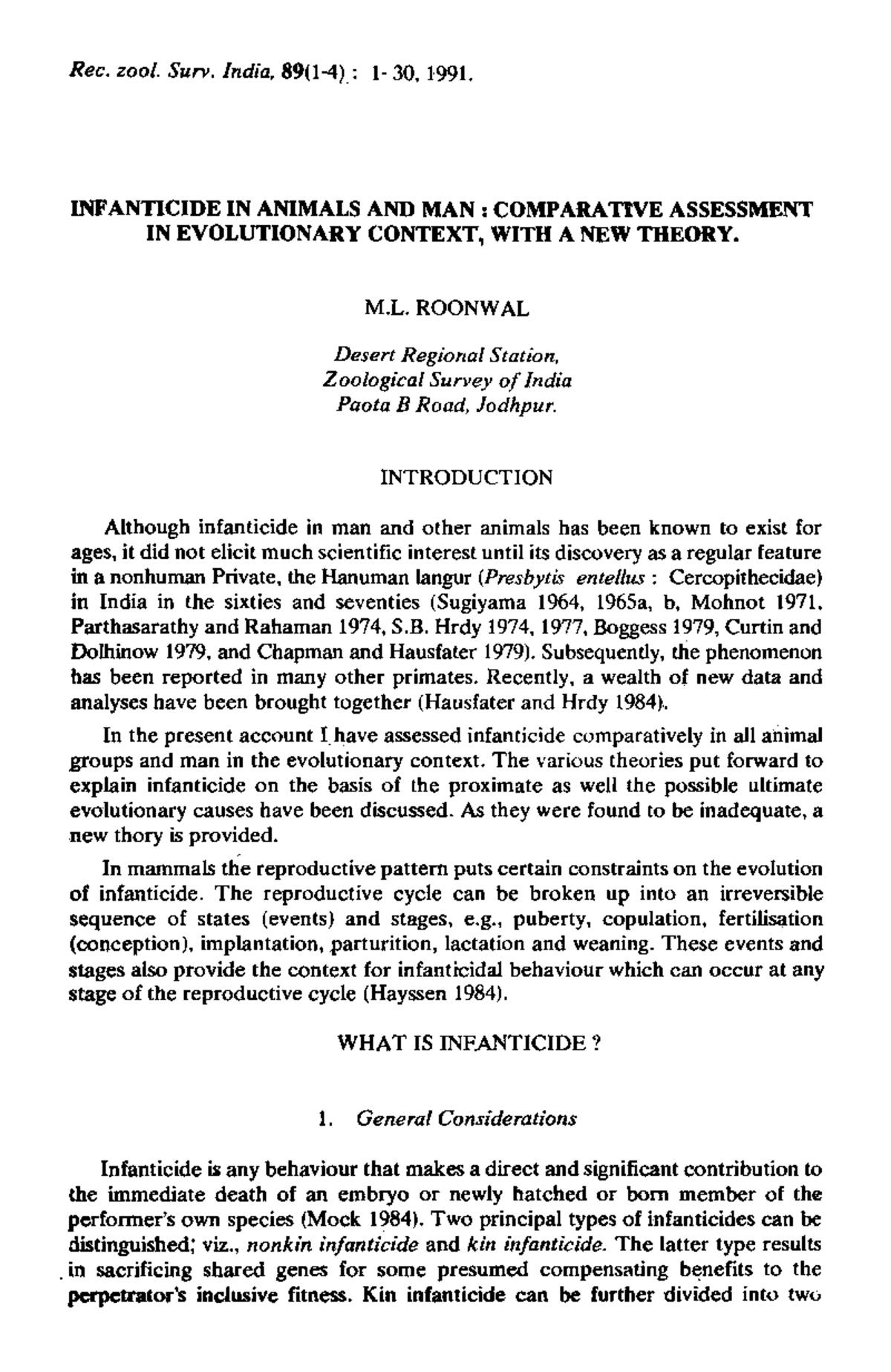 Infanticide in Animal Behaviour: A Comparative Study - Studocu