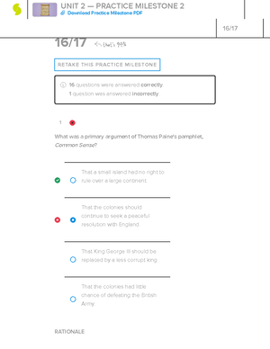 Sophia US HIST I Milestone 2 - 1 16/17 that's 94% RETAKE 16 questions ...