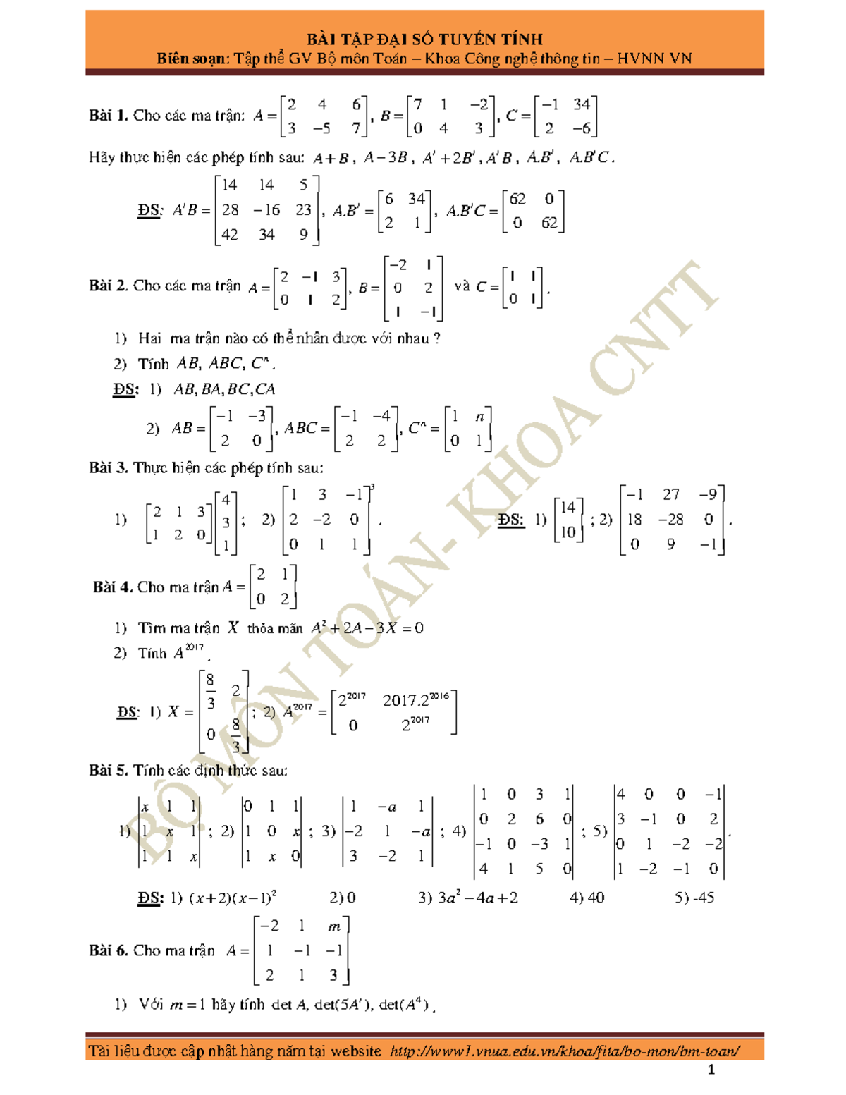 Bt tcc1 - toán - Biên soạn: Tập thể GV Bộ môn Toán – Khoa Công nghệ ...