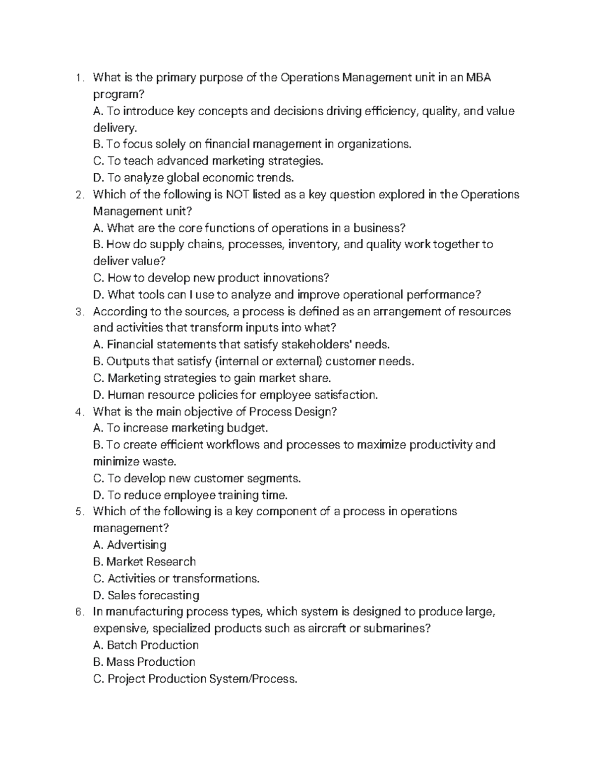 Operations Management MCQs for MBA Program - Studocu