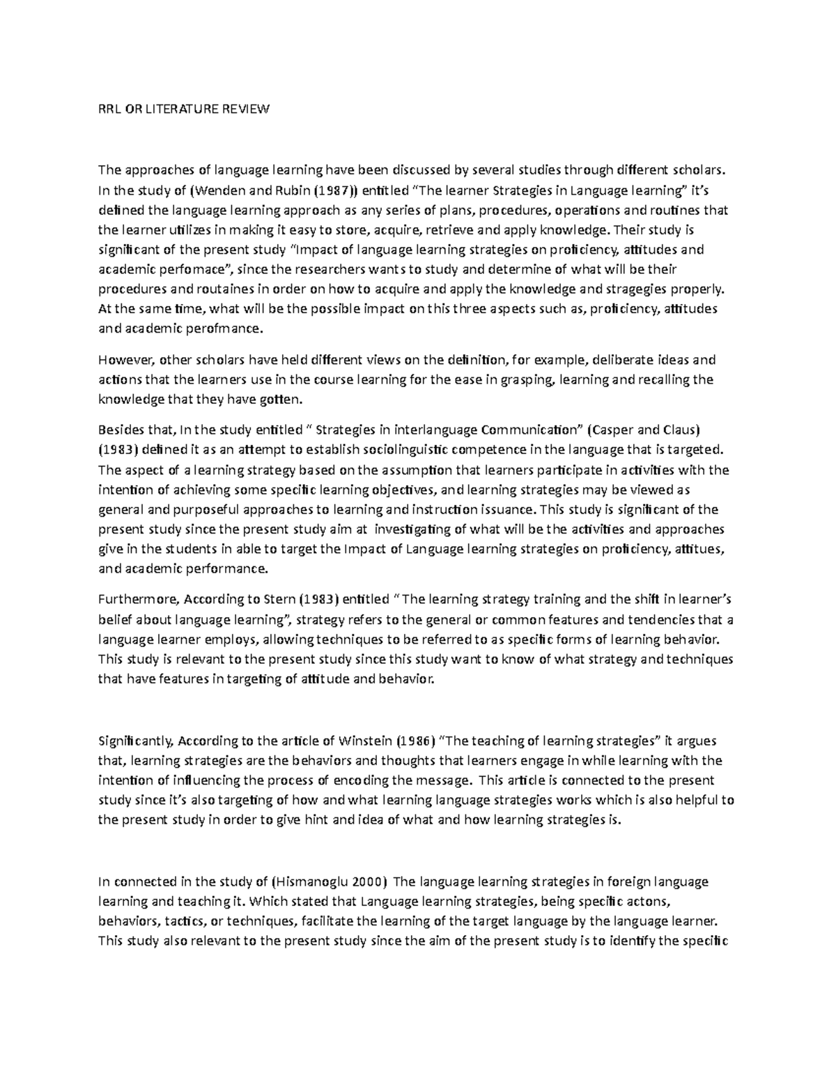 RRL on Language Acquisition: Approaches and Strategies Analysis - Studocu