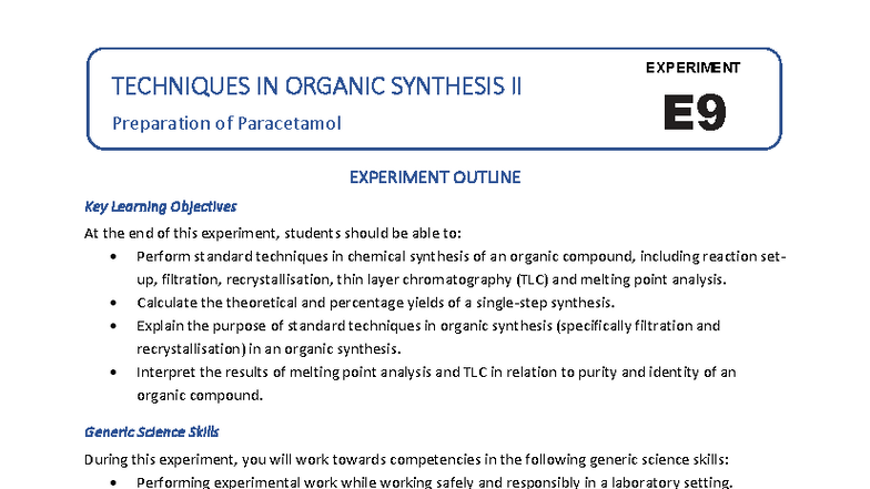 Experiment E9: Techniques in Organic Synthesis II - Paracetamol ...