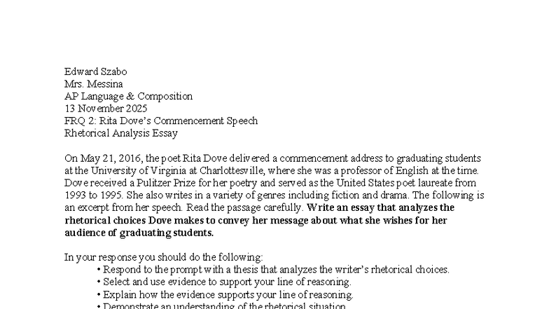 AP Lang Comp FRQ 2: Rhetorical Analysis of Rita Dove's Speech - Studocu