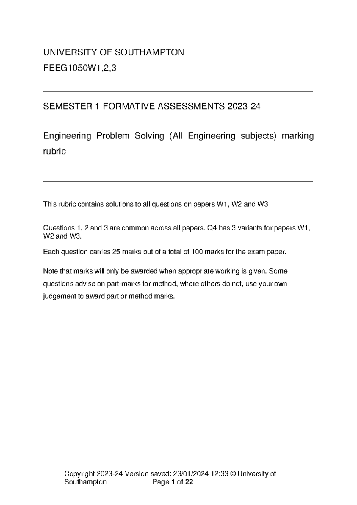 FEEG1050 Semester 1 2023-24 Formative Assessment Marking Rubric - Studocu
