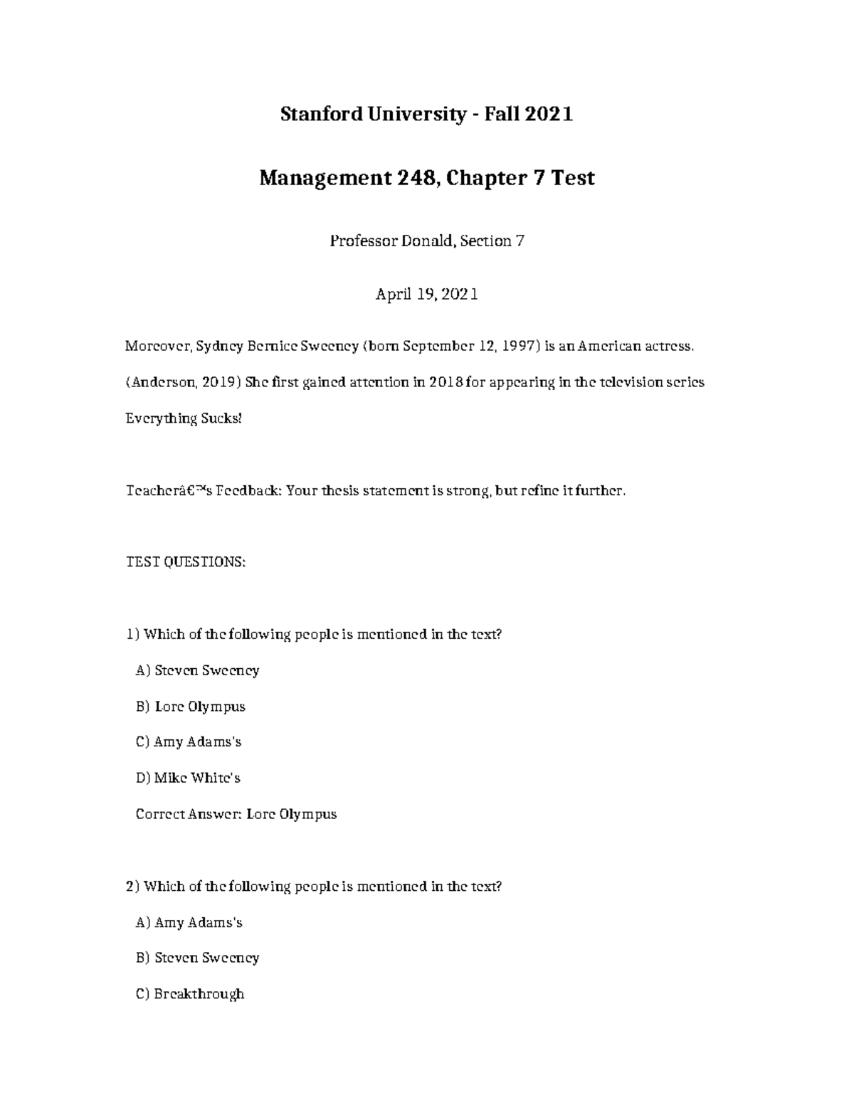 Stanford University Management 248, Chapter 7 Test Review - Fall 2021 ...