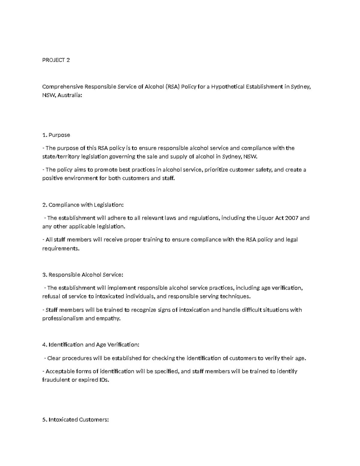 RSA Policy for Responsible Alcohol Service - Project 2 - Studocu