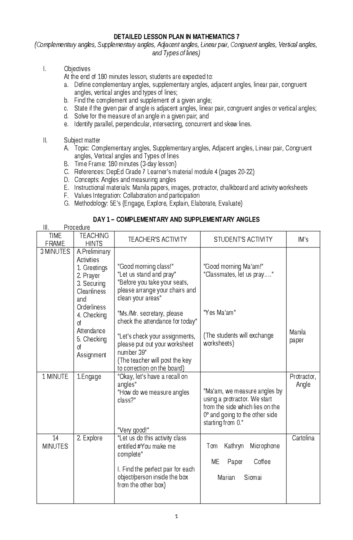 Lesson PLAN 5E'S Angle Pairs - DETAILED LESSON PLAN IN MATHEMATICS 7 ...