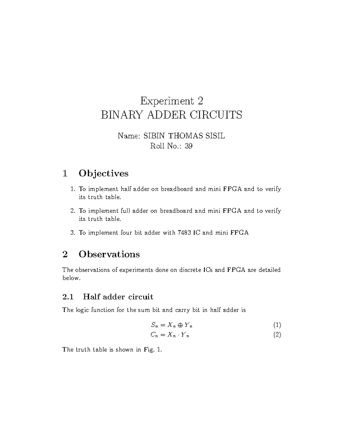 Experiment 2: BINARY ADDER CIRCUITS with FPGA Implementation - Studocu
