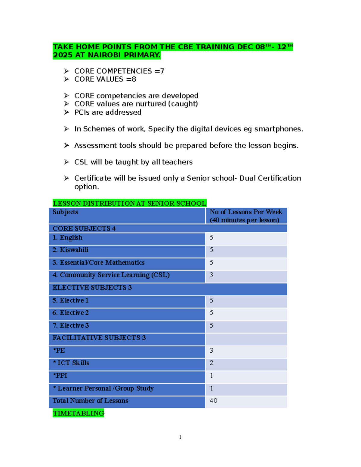 CBE Training Take Home Points - Nairobi Primary Dec 2025 - Studocu