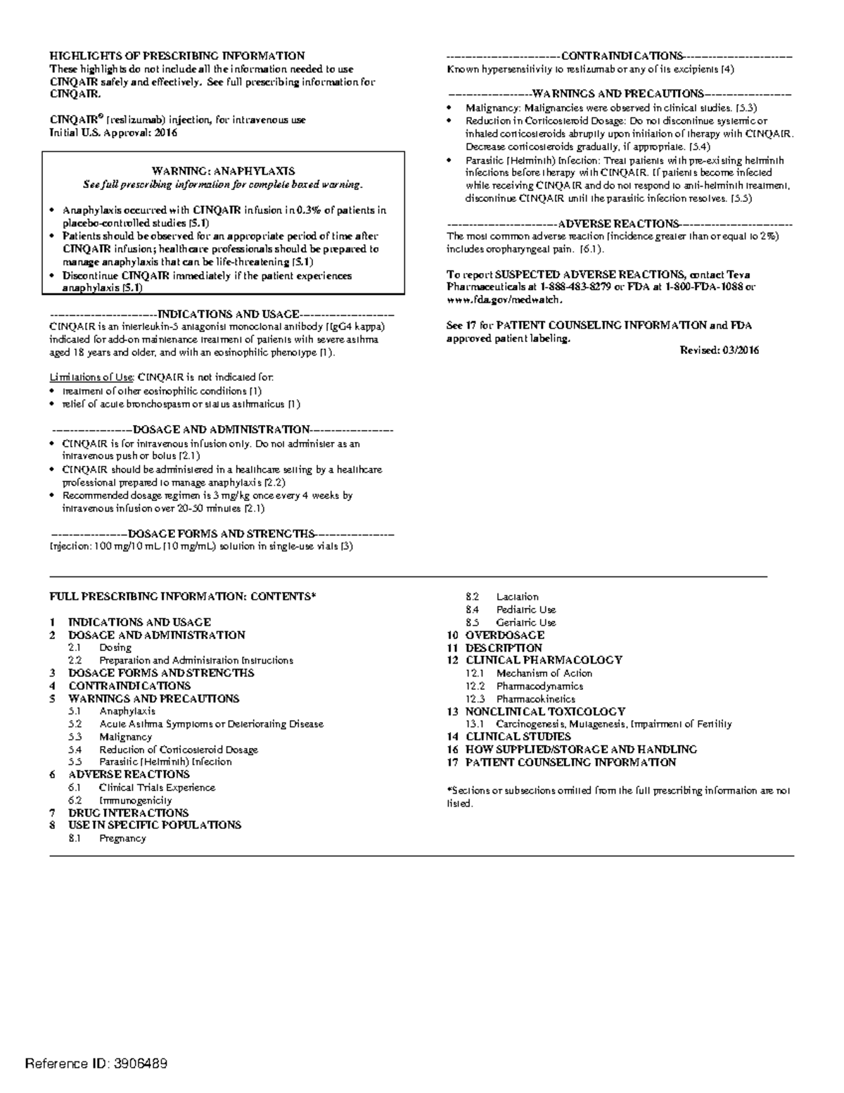CINQAIR (reslizumab) prescribing information highlights and warnings ...