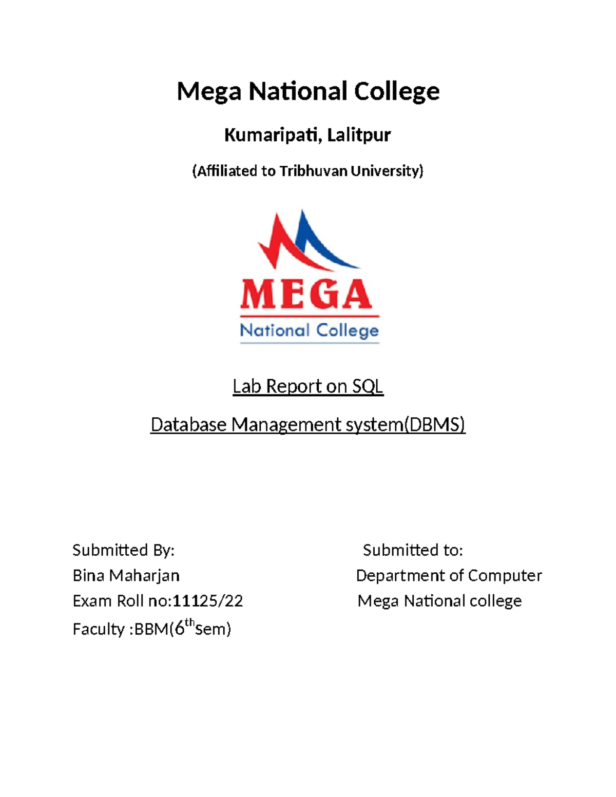 BBM 6th Sem Lab Report: SQL Database Management System (DBMS) - Studocu