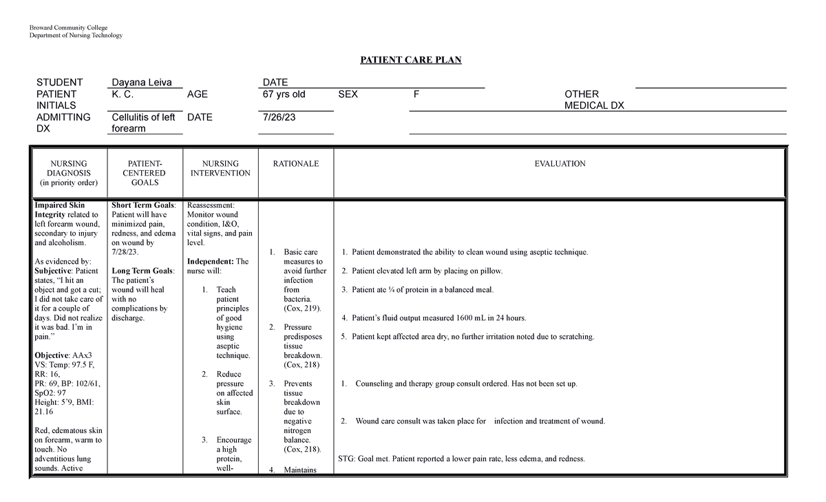 Cellulitis CARE PLAN form - Broward Community College Department of ...